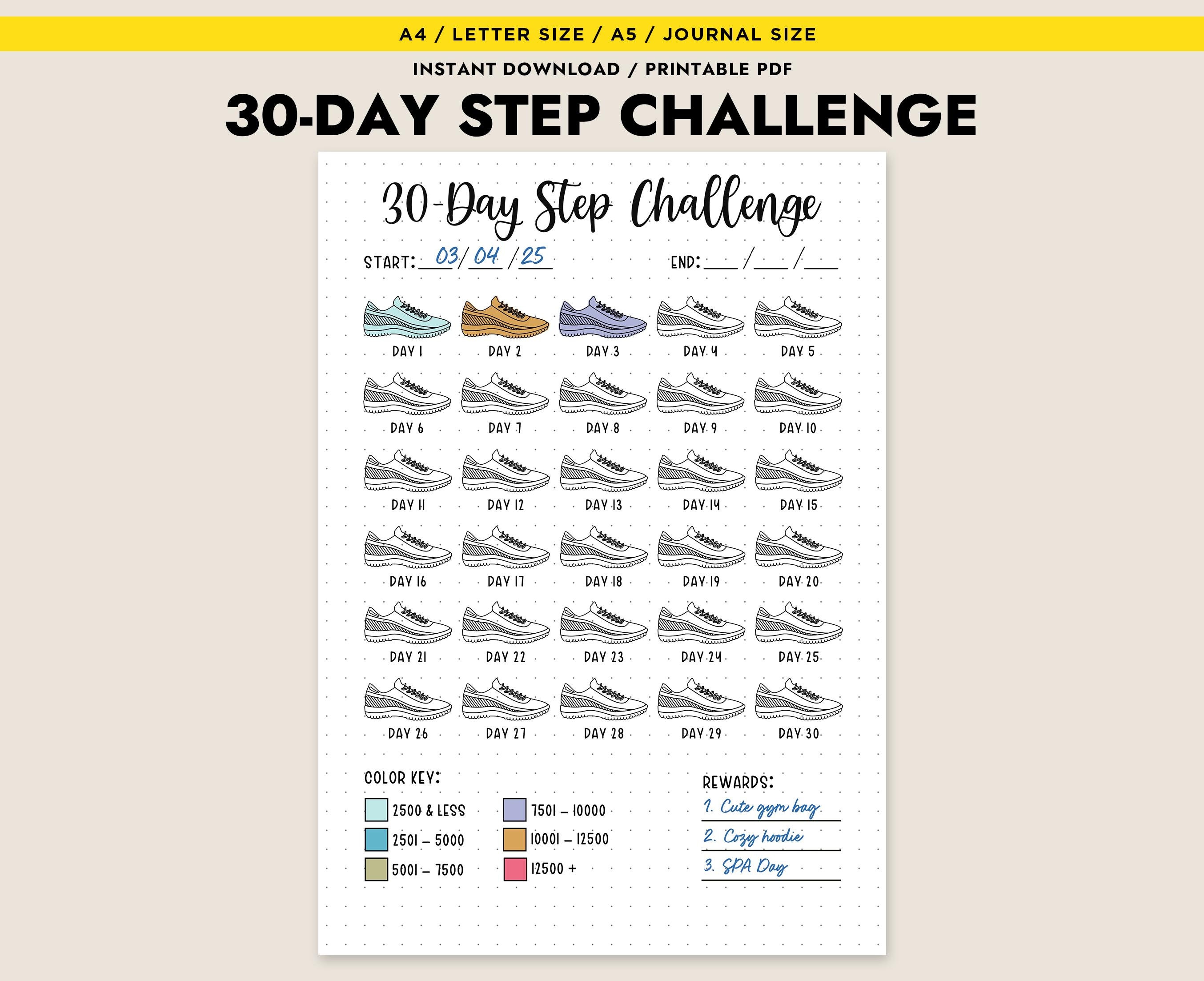 30 Day Step Challenge Tracker Printable Journal Page Planner Exercise ...