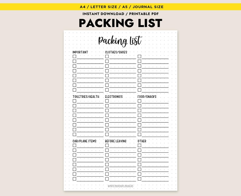 Printable Packing List Travel Planner Checklist Instant Download PDF A4 ...