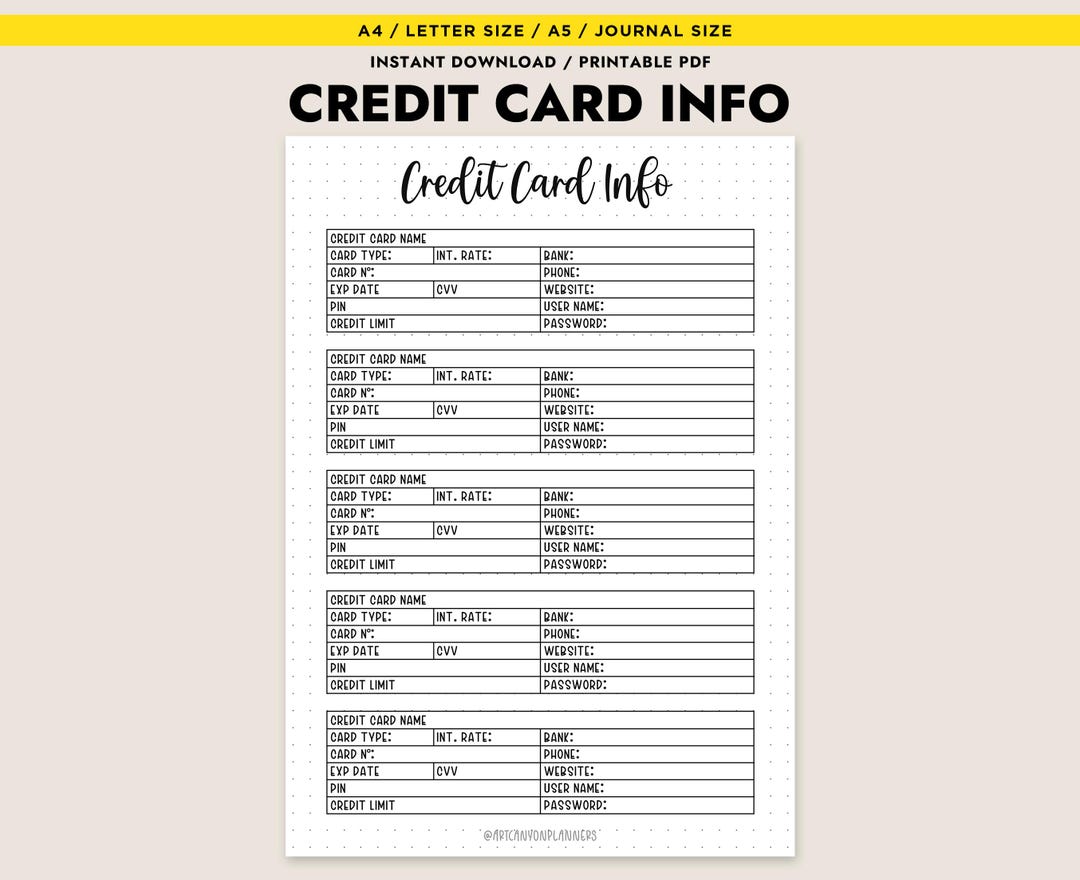 Printable Credit Card Info Tracker Financial Organizer Log A4, A5 ...