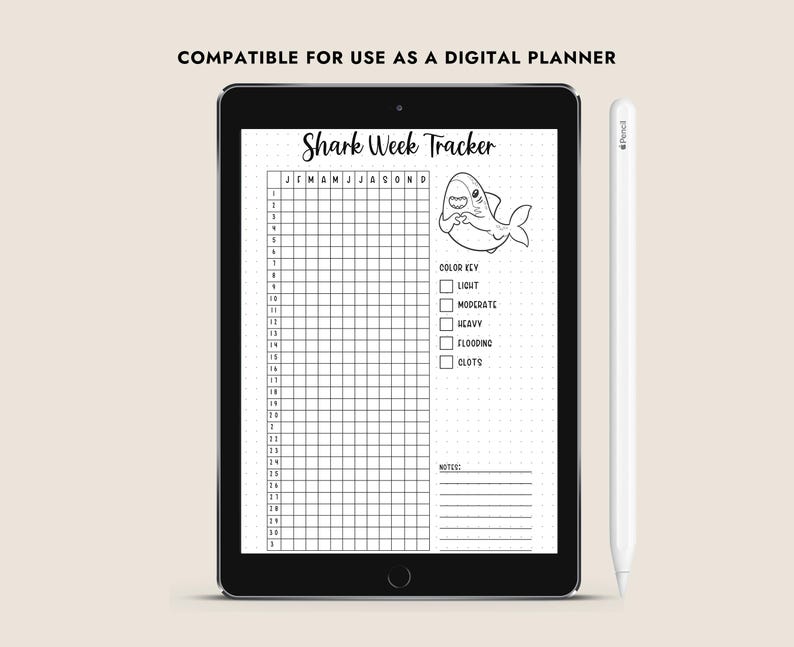 Shark Week Tracker Monthly Printable Planner Journal Page Menstruation ...