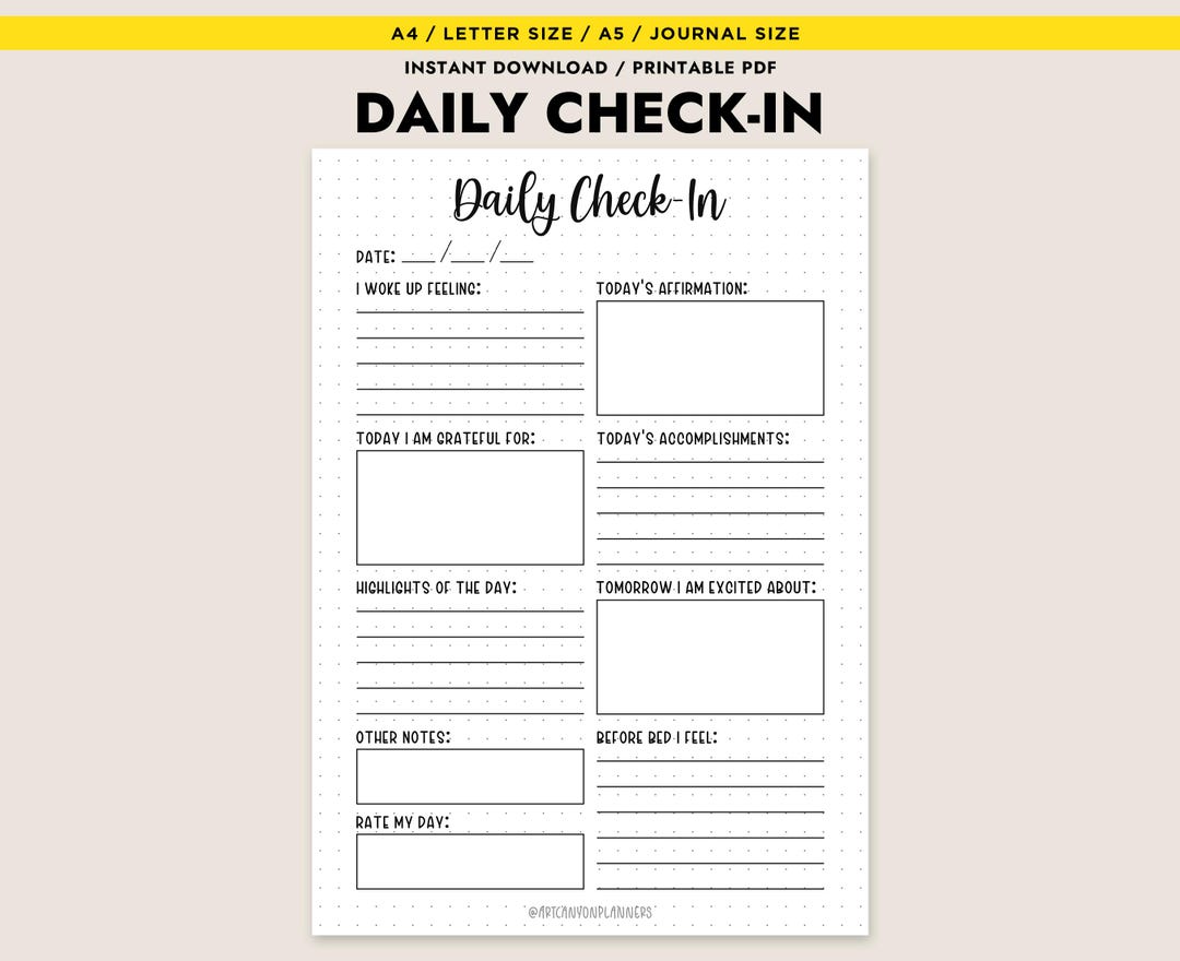 Printable Daily Check in Journal Page Mindfulness Log PDF Instant ...