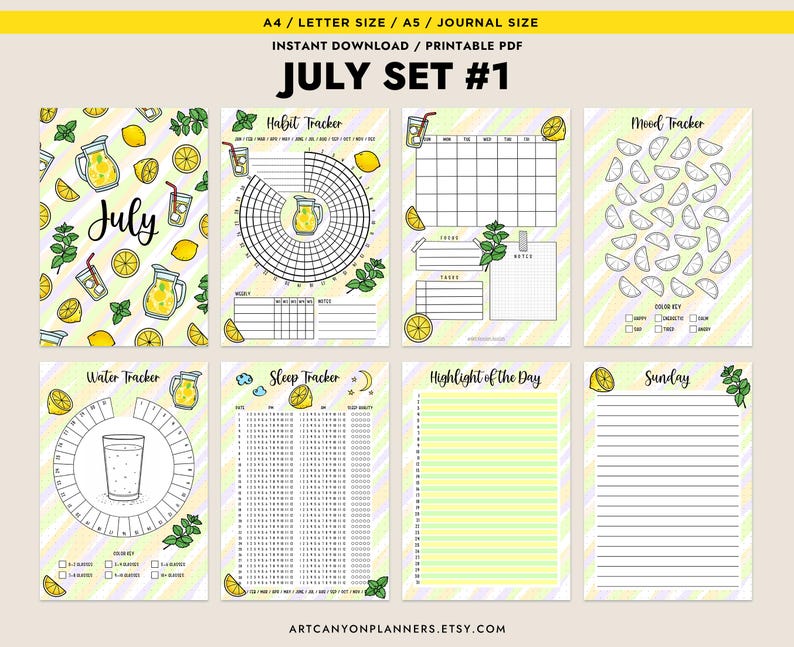 July Title Page Calendar Cover Page Printable Inserts Bullet Journal ...