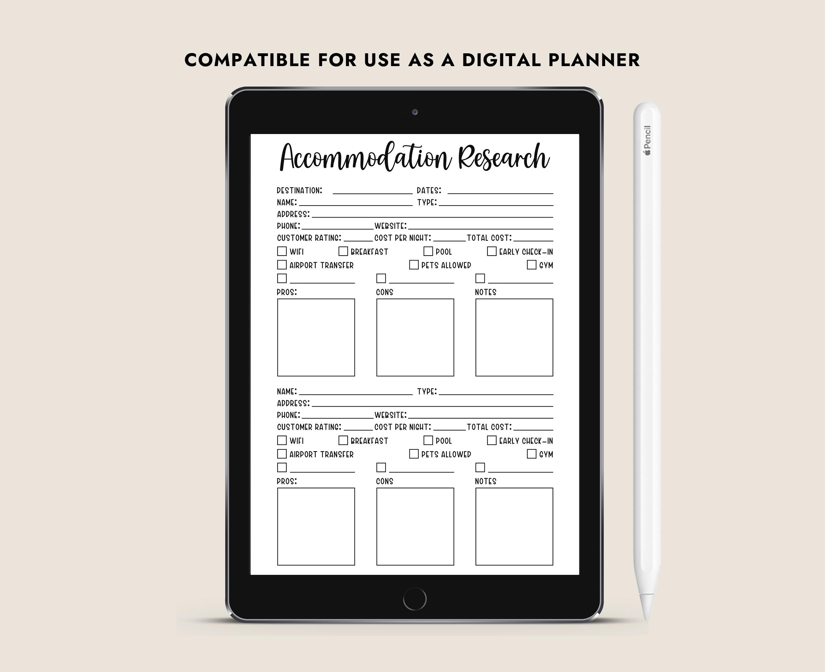 Printable Accommodation Research Sheet Hotel Comparison Template Travel ...
