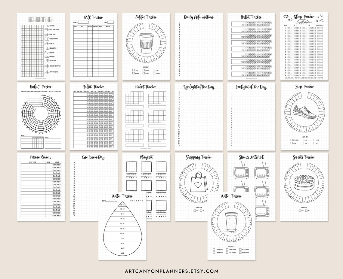 Monthly Trackers Bundle Printable Journal Pages Digital Planner A5 A4 ...