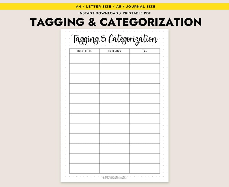 Tagging and Categorization Printable Book Journal Page Reading Tracker ...