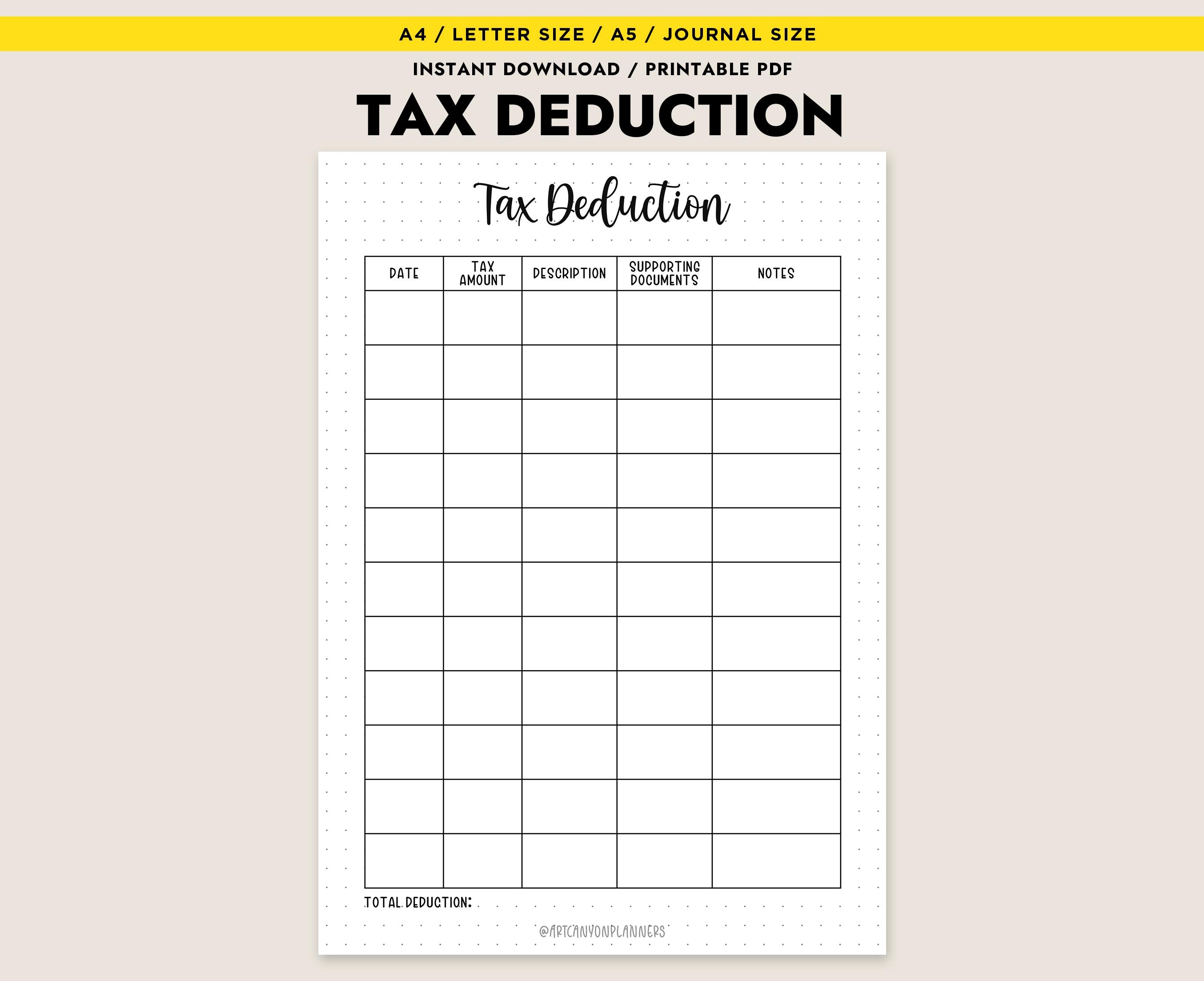 Tax Deduction Tracker Printable Small Business Expense Log Tax Planner ...