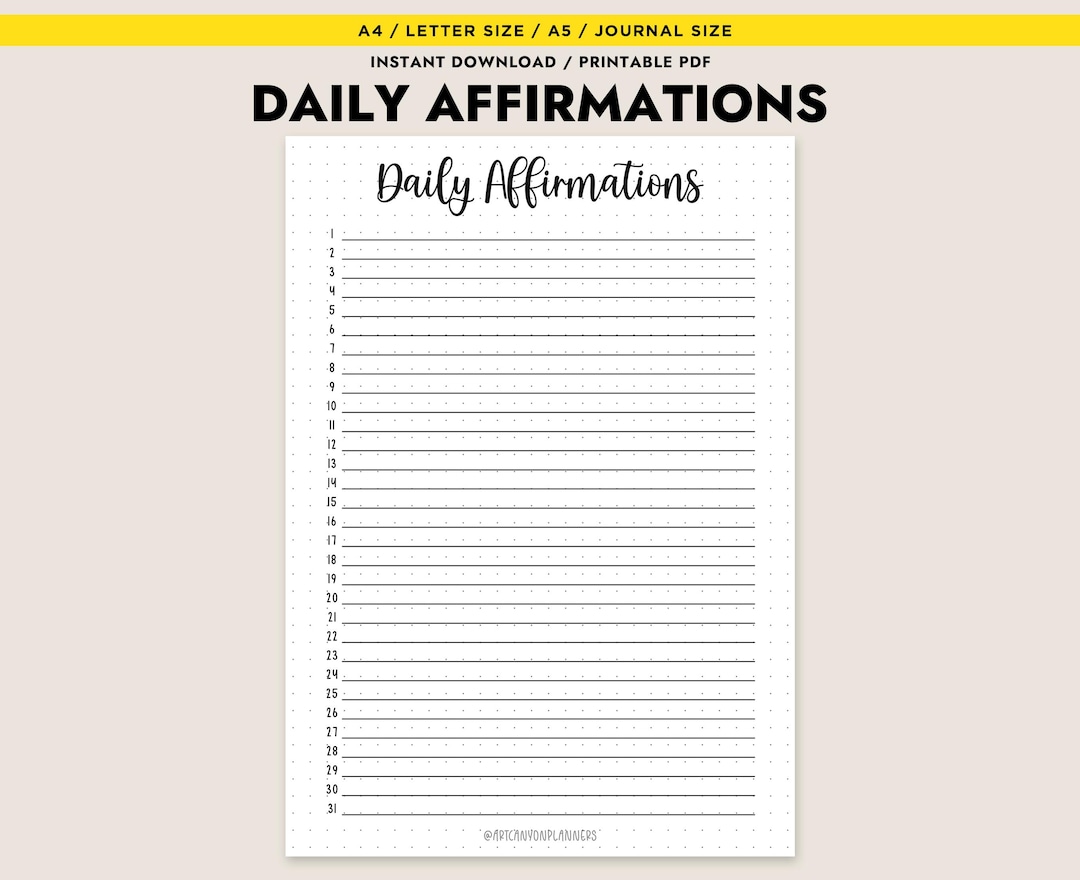 Daily Affirmations Printable Monthly Log Positive Thinking Self Care ...