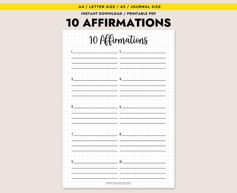 10 Affirmations Worksheet Printable Journal Self-care Planner A4 A5 ...