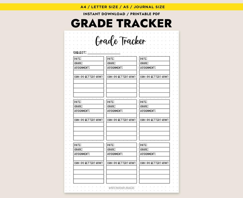 Grade Tracker Printable Instant Download Study Planner Student ...