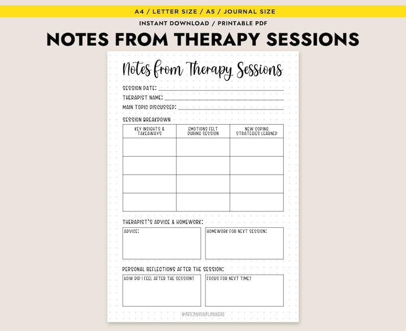 Therapy Journal Printable Notes From Therapy Sessions Mental Wellness ...