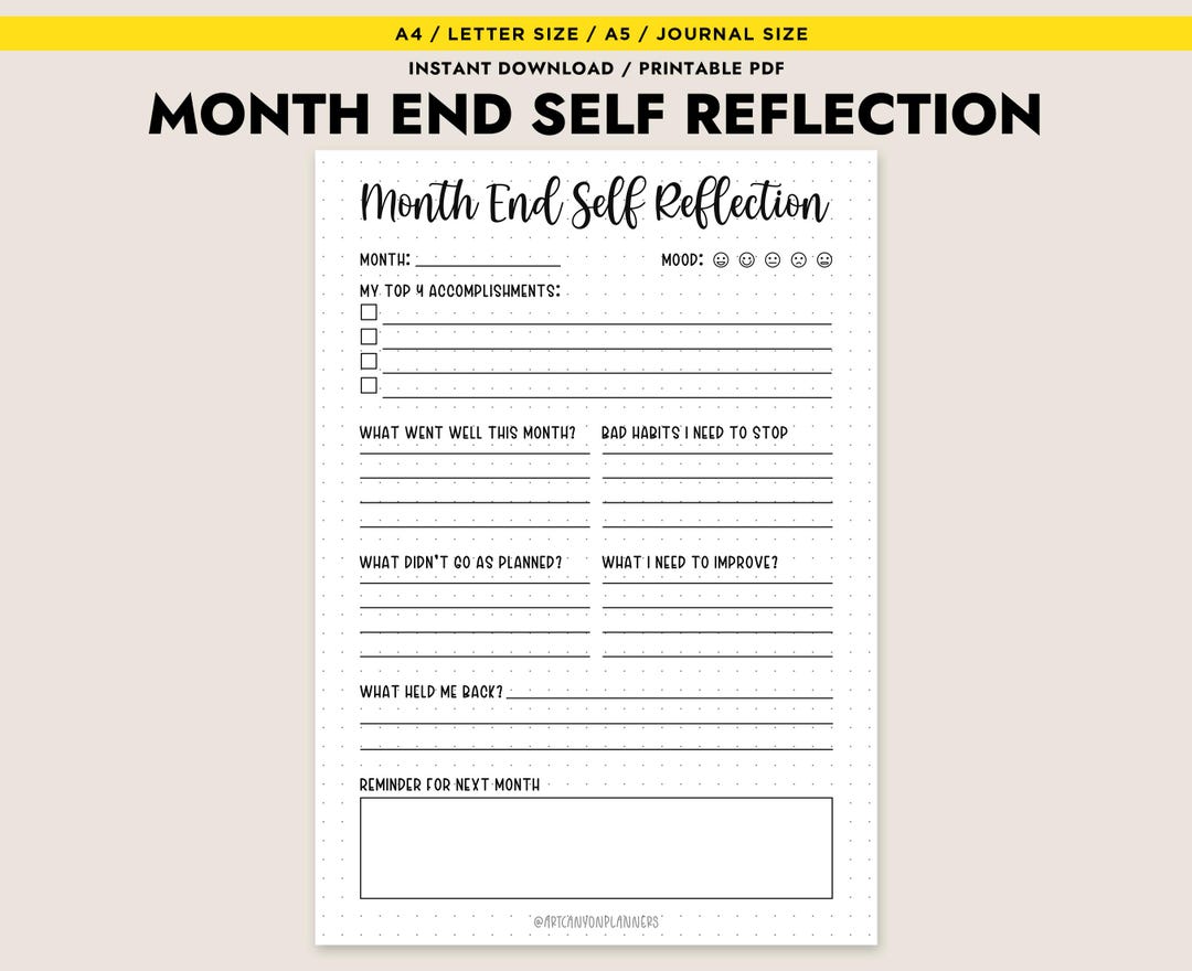 Month End Self Reflection Printable Monthly Review Journal Insert ...