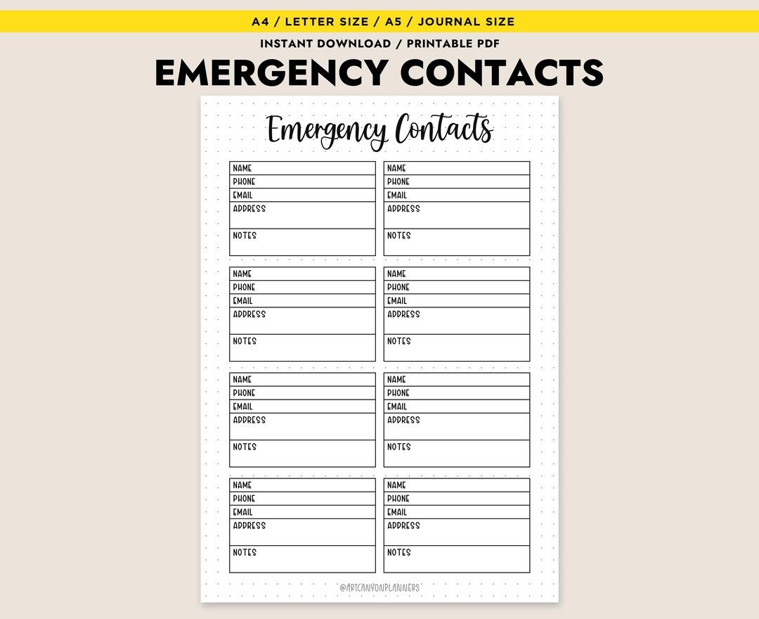 Printable Emergency Contacts List Address Book Insert Travel Safety ...