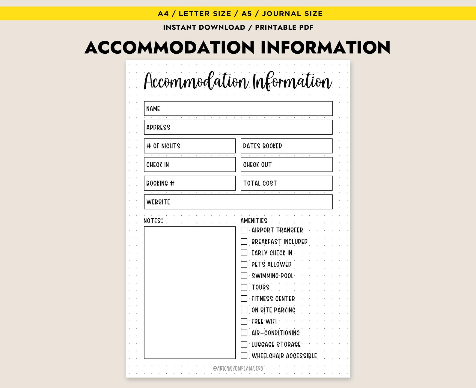 Printable Accommodation Information Sheet Travel Planner Insert Hotel ...