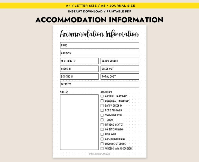 Printable Accommodation Information Sheet Travel Planner Insert Hotel ...