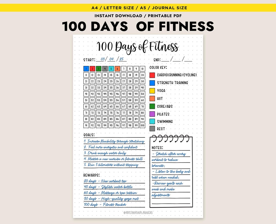 100 Days of Fitness Tracker Digital Fitness Workout Exercises Printable ...