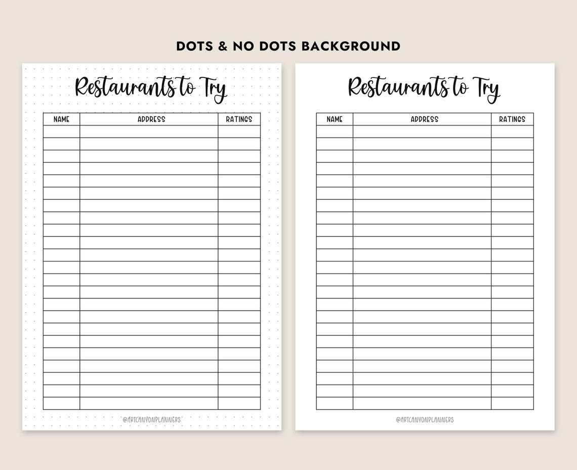 Printable Restaurants to Try List Travel Food Planner Dining Wishlist ...