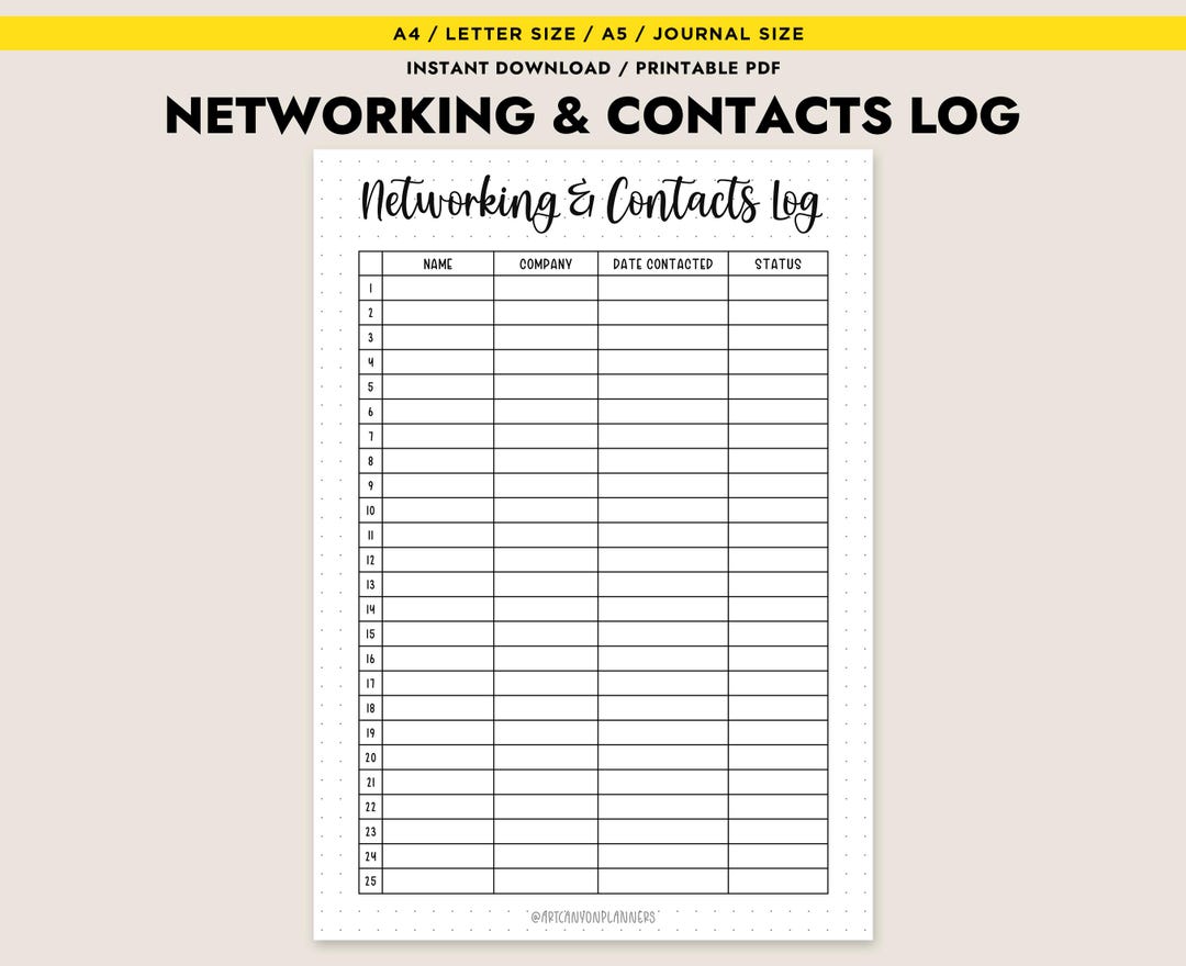 Printable Networking Contacts Log A4 A5 Letter Contact List Template ...
