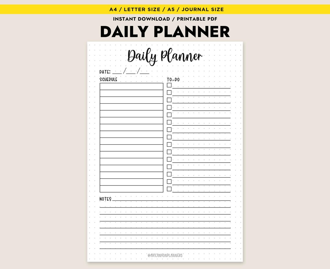 Daily Planner Printable PDF A4 A5 Letter Journal Size Undated Schedule ...