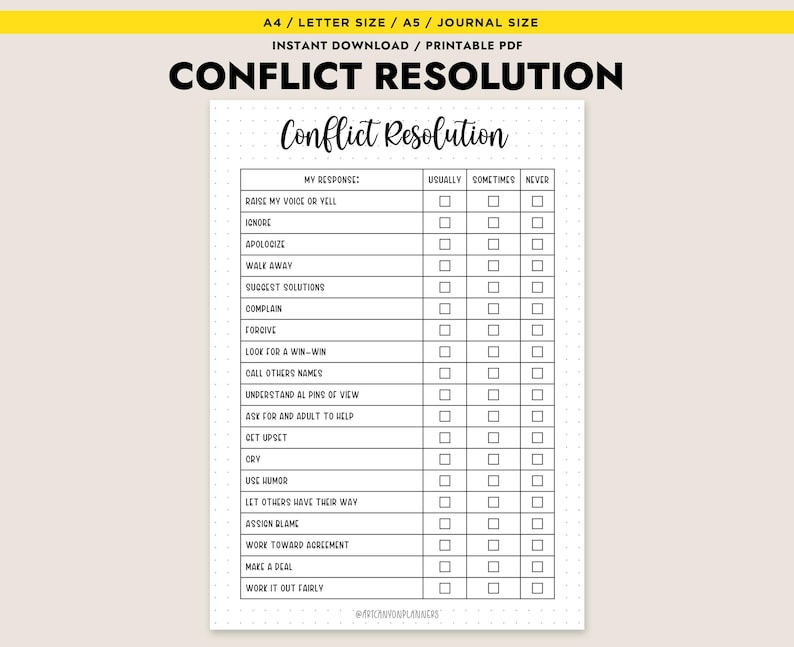 Conflict Resolution Worksheet Printable Self Reflection Journal Page ...