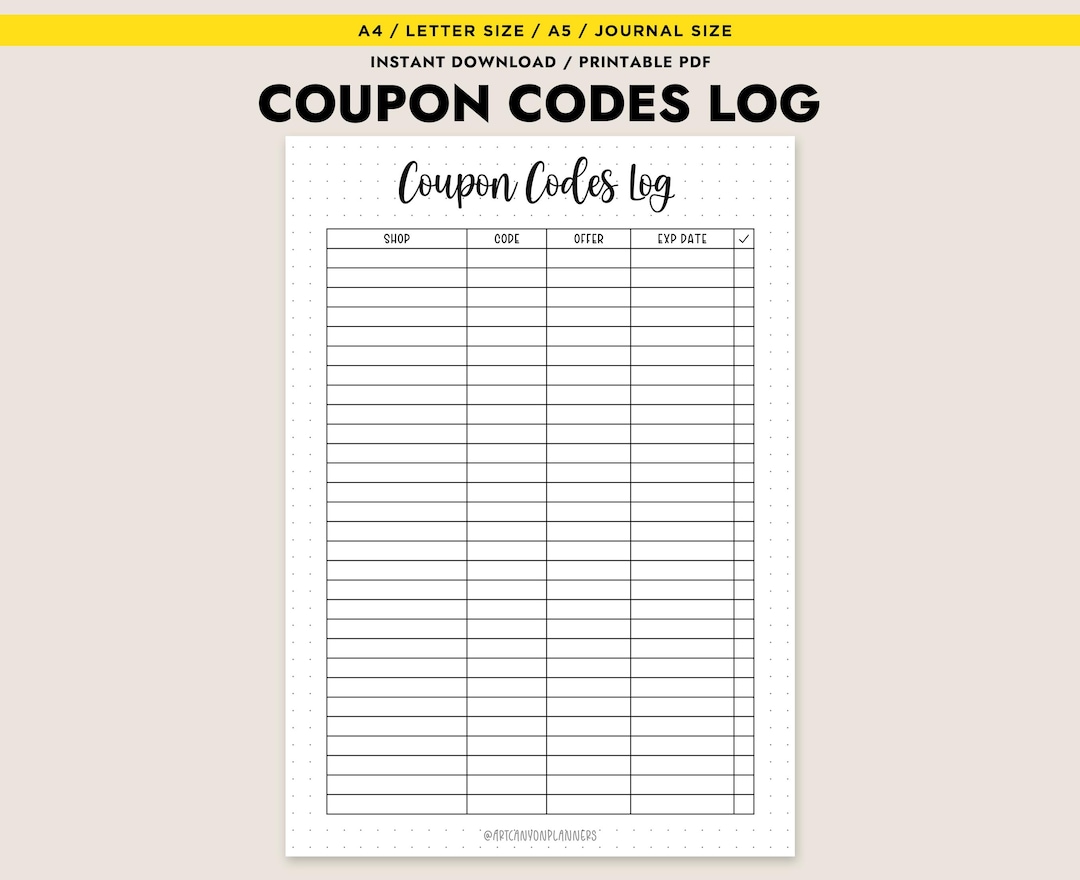 Printable Coupon Codes Log Discount Tracker for Shopping A4/letter/a5 ...