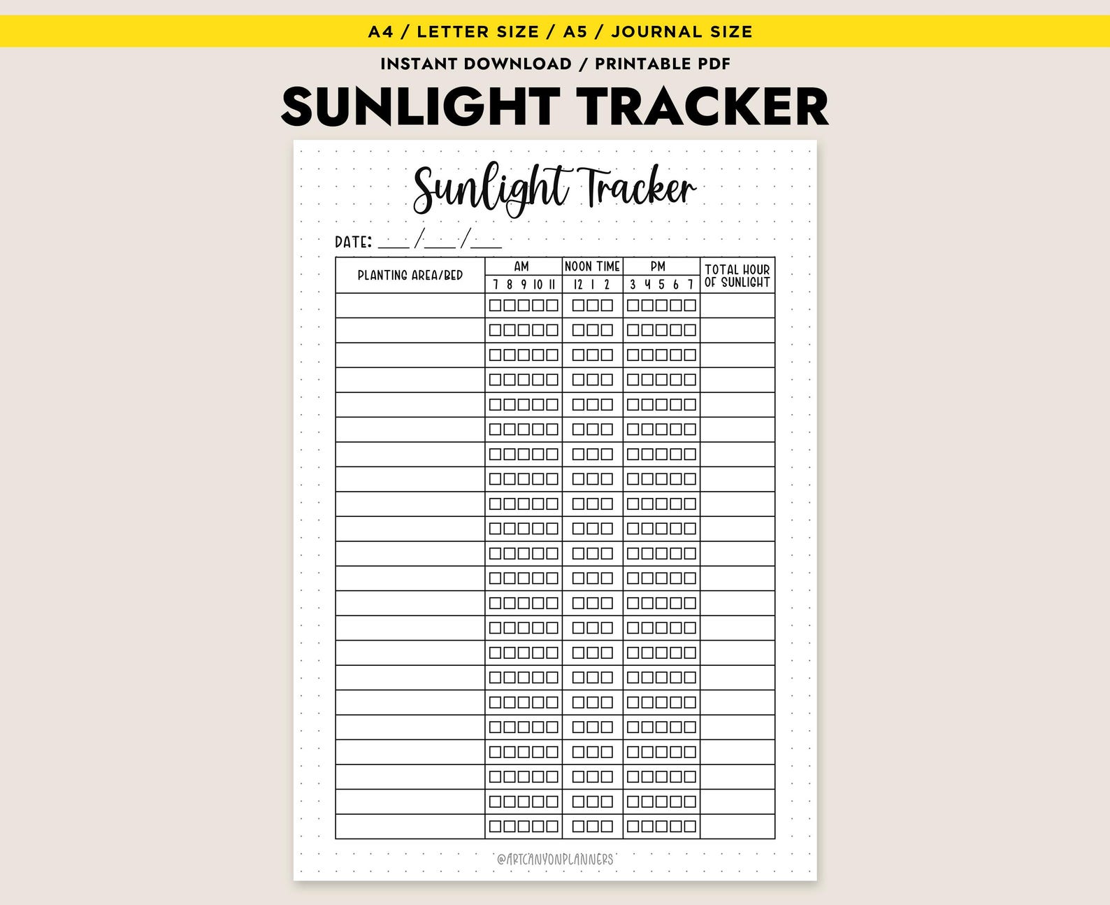 Sunlight Tracker Printable Garden Planner Insert Sun Chart Log for ...
