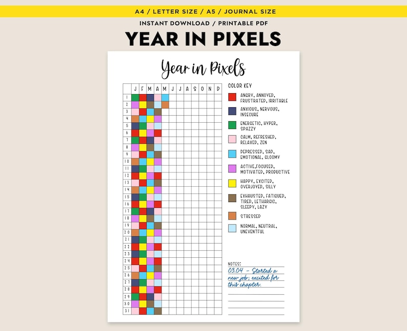 Year in Pixels Planner Page Printable Journal Page Daily Mod Tracker ...