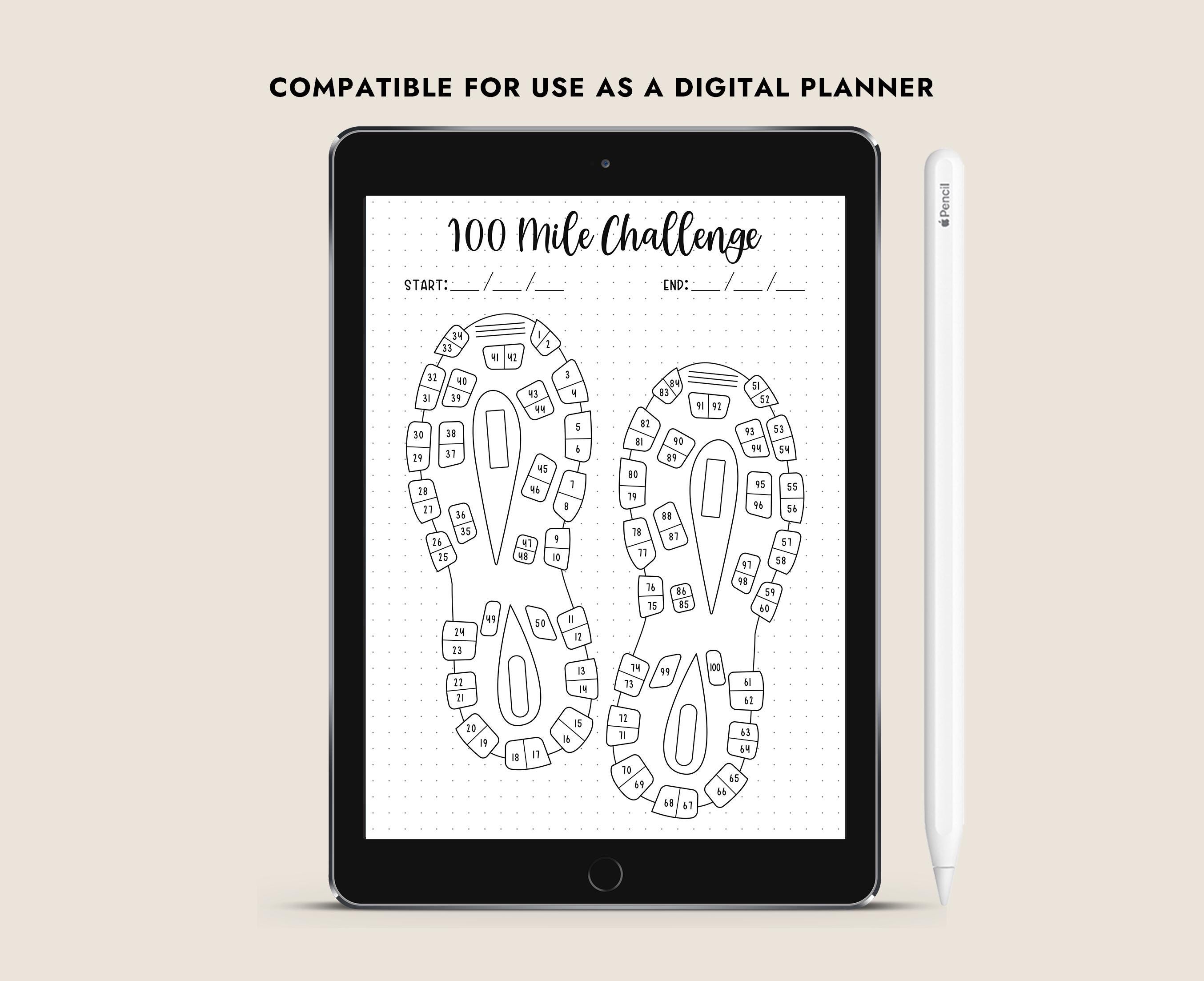 100 Mile Challenge Tracker Printable Journal Page Planner Exercise ...