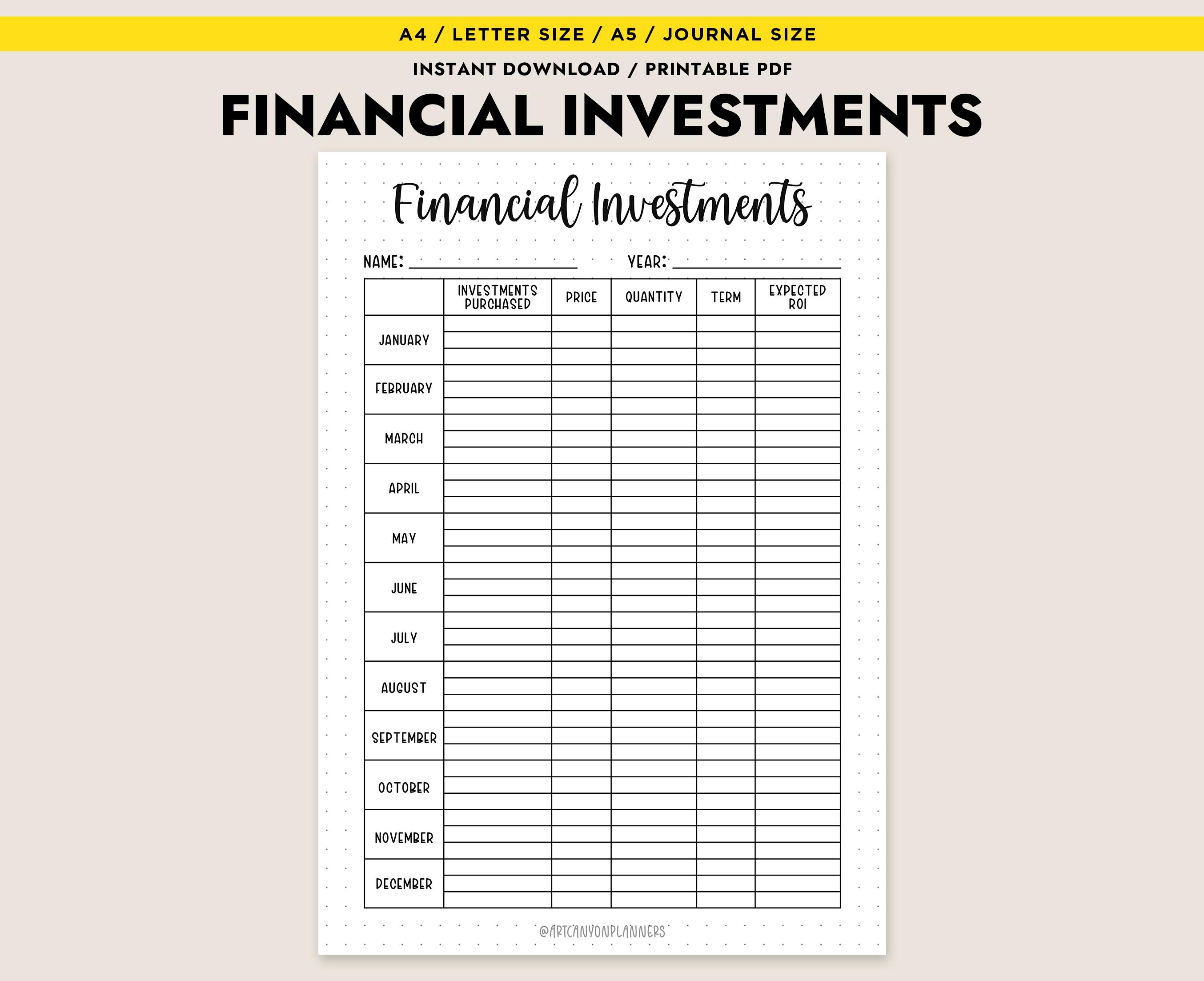Financial Investments Tracker Printable PDF Investment Log A4 Letter A5 ...