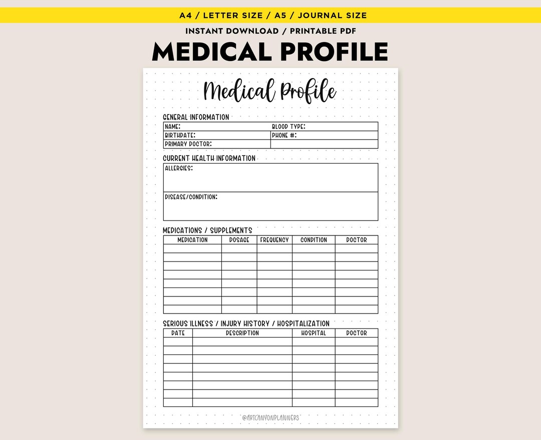 Medical Profile Printable Health Information Tracker Medical History ...
