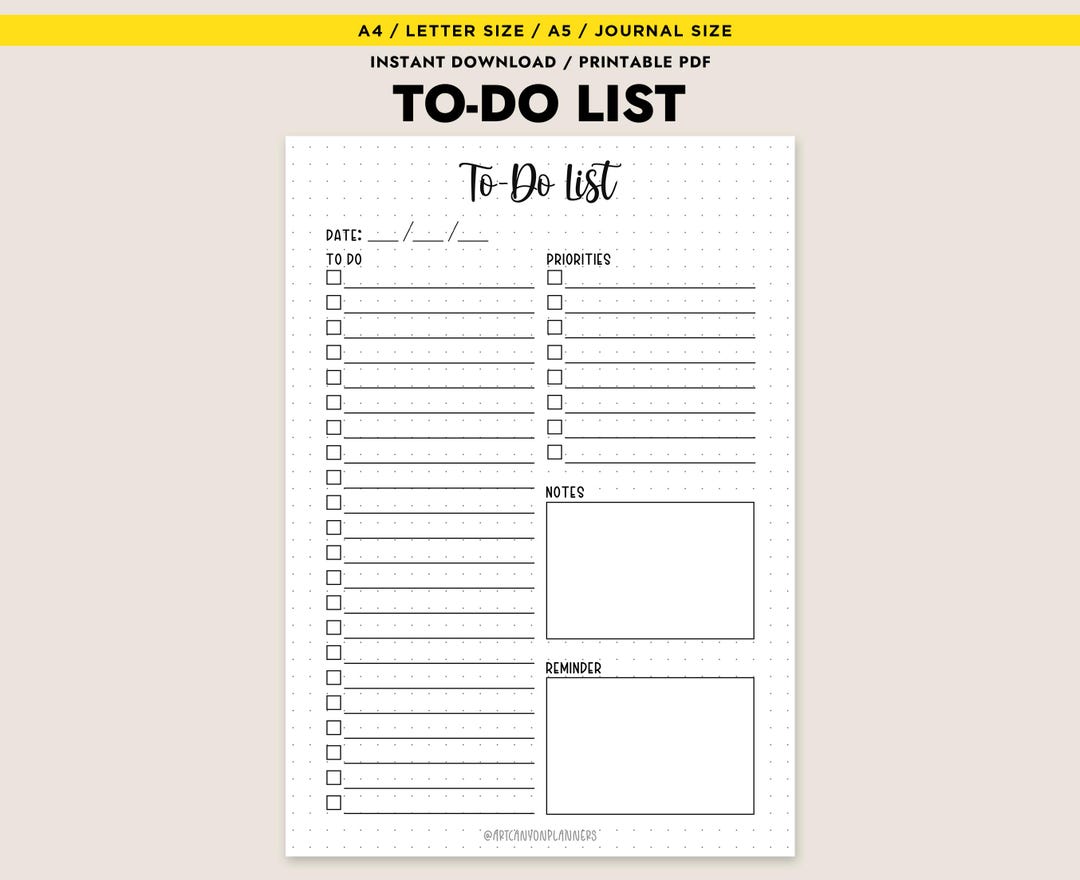 Printable to Do List PDF Instant Download A4 Letter A5 Journal Size ...