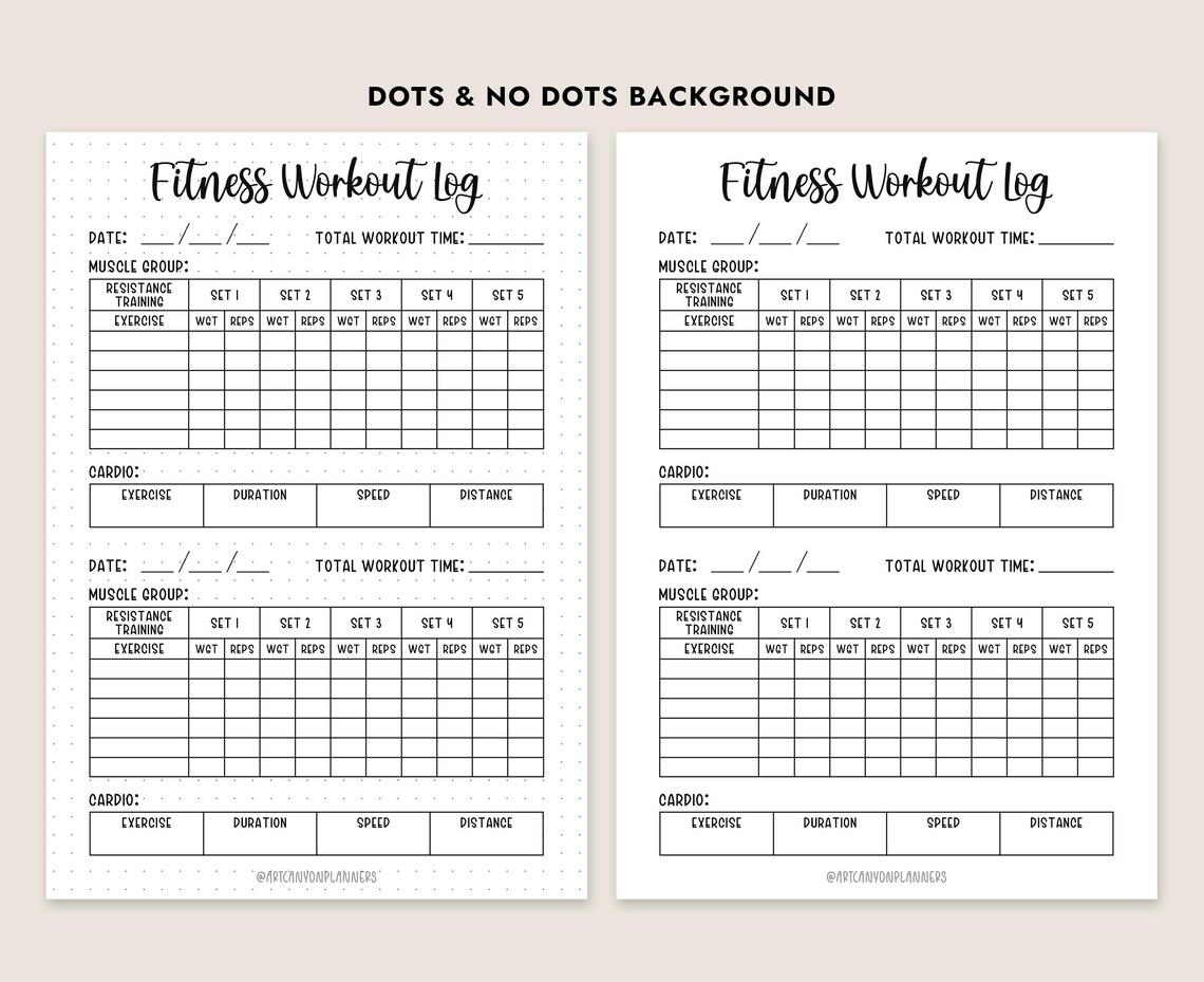 Fitness Workout Log Printable Resistance Cardio Tracker A4 A5 Letter ...