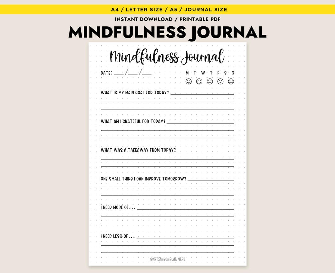 Mindfulness Journal Printable Daily Gratitude Log Self Care Planner ...