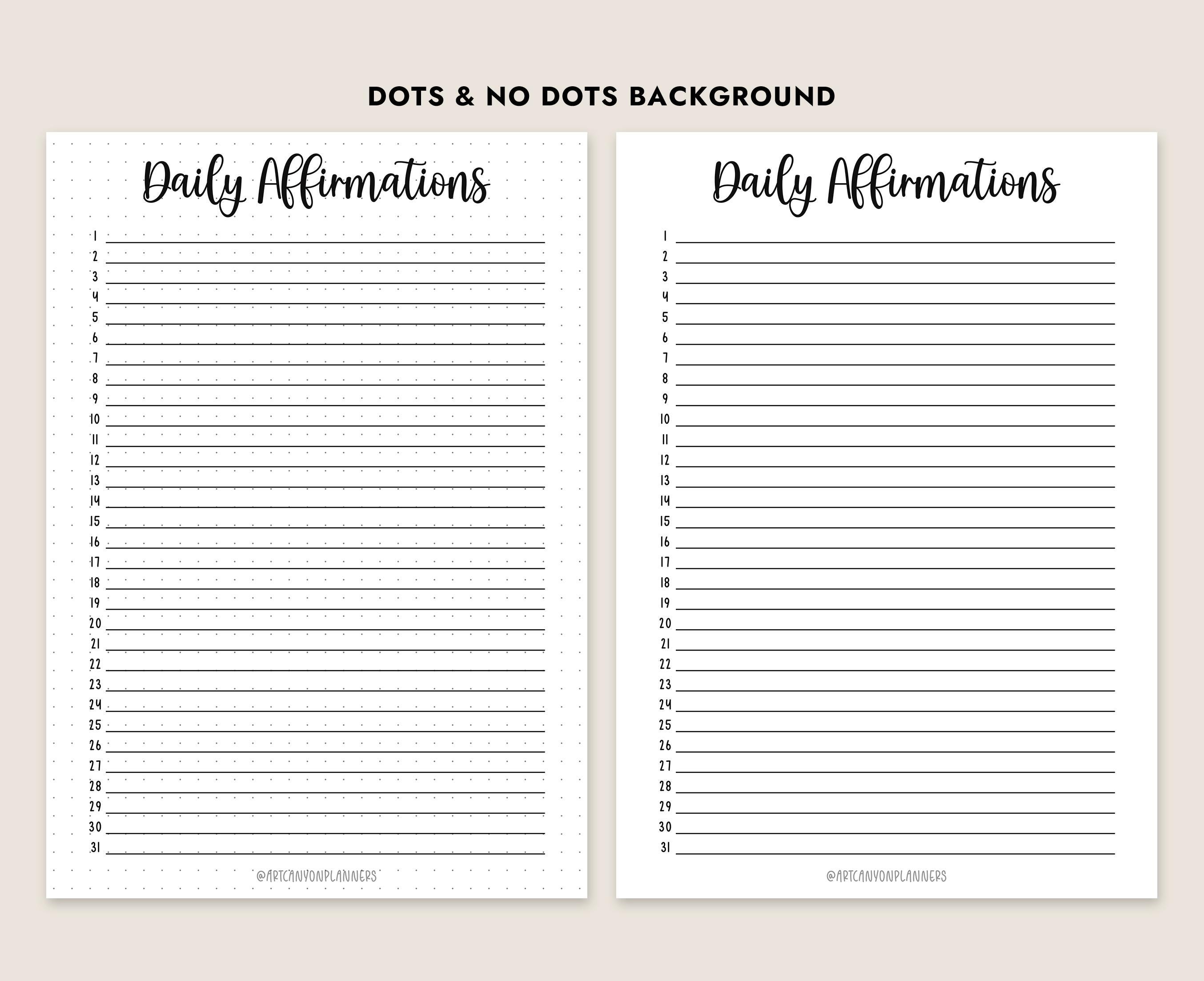 Daily Affirmations Printable Monthly Log Positive Thinking Self Care ...