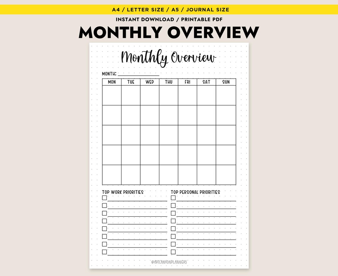 Monthly Overview Planner Printable PDF Undated Calendar Top Work ...