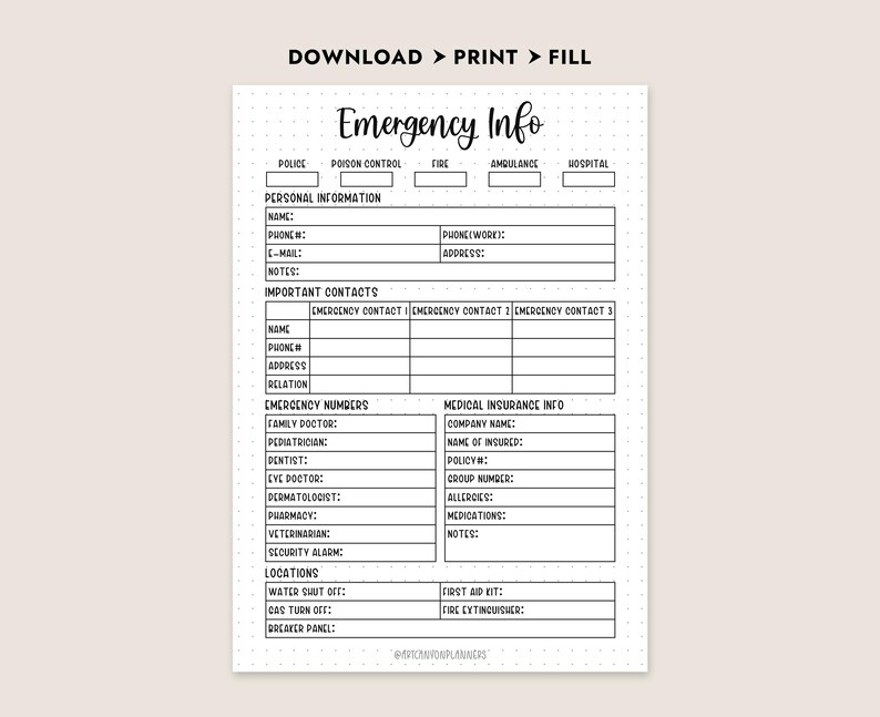 Emergency Info Printable Contact List Medical Form A4 A5 Letter Planner ...