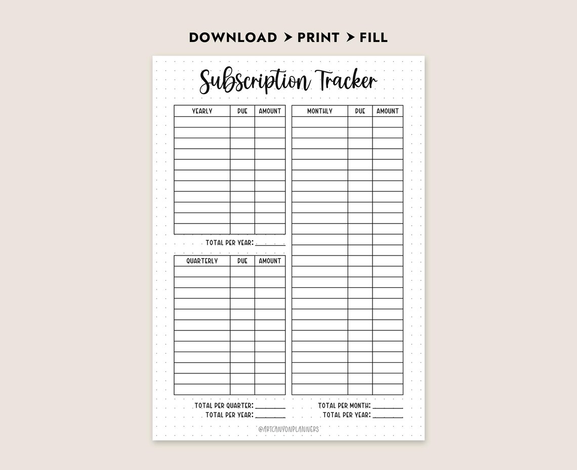 Printable Subscription Tracker A4 Letter A5 Recurring Bill Log Budget ...