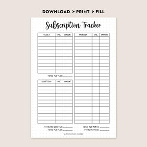 Printable Subscription Tracker A4 Letter A5 Recurring Bill Log Budget ...