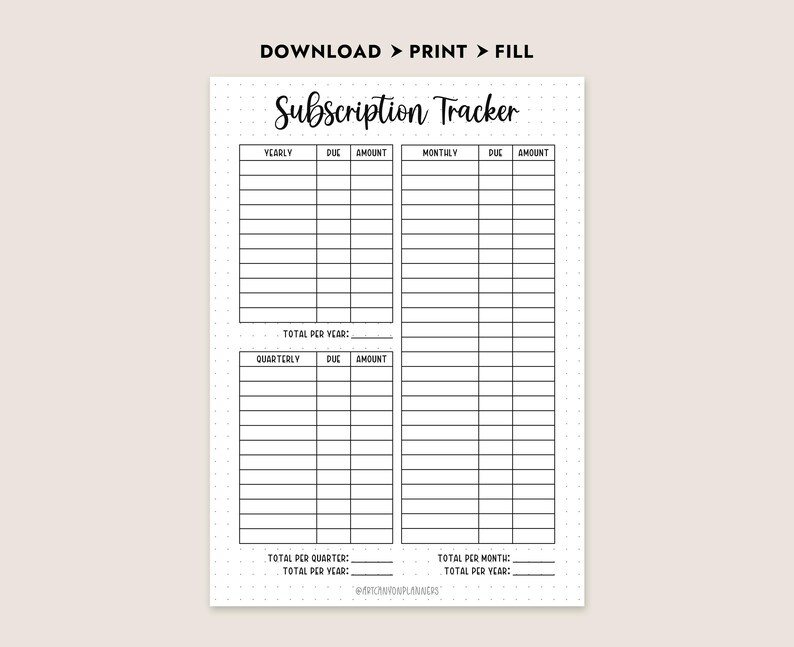 Printable Subscription Tracker A4 Letter A5 Recurring Bill Log Budget ...