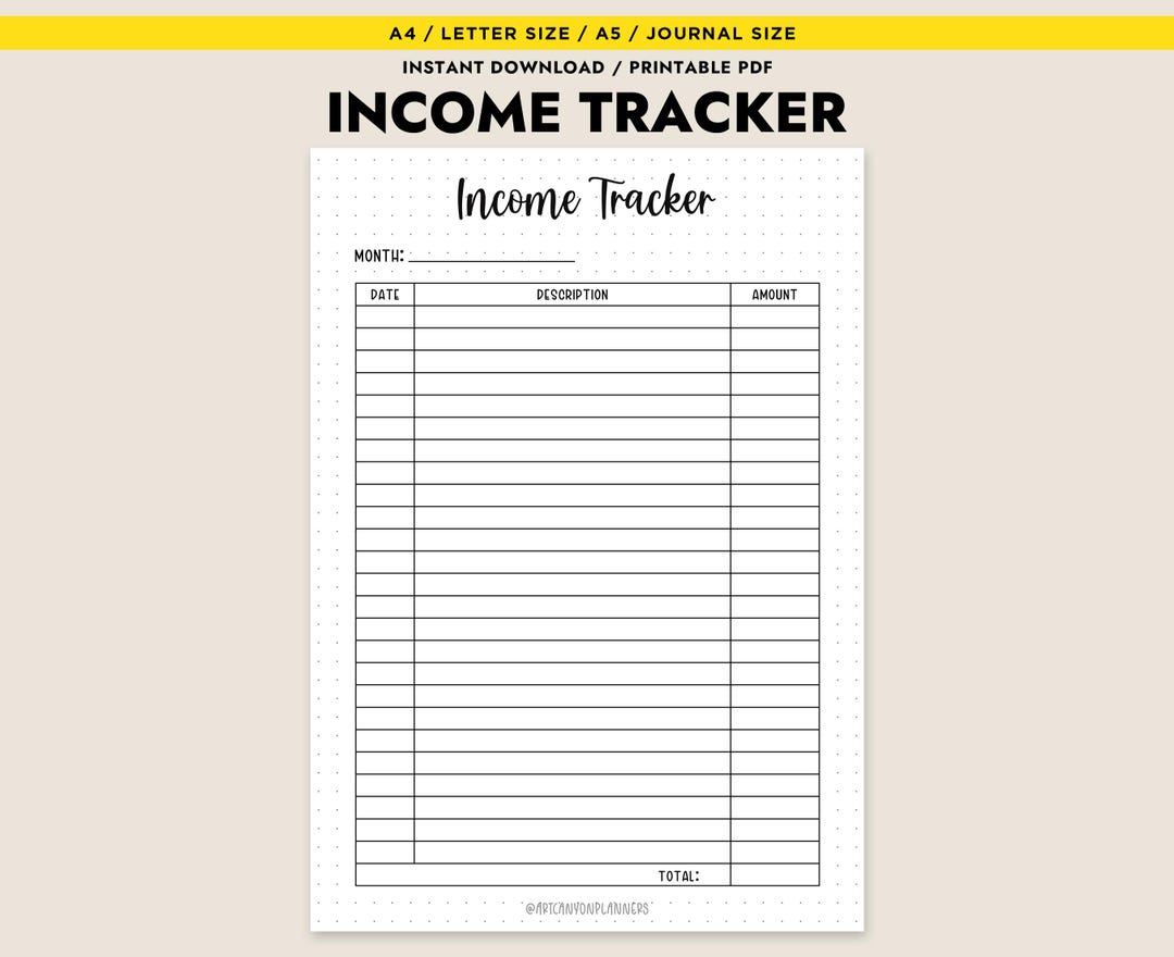 Printable Monthly Income Tracker Finance Log PDF Budget Planner Insert ...