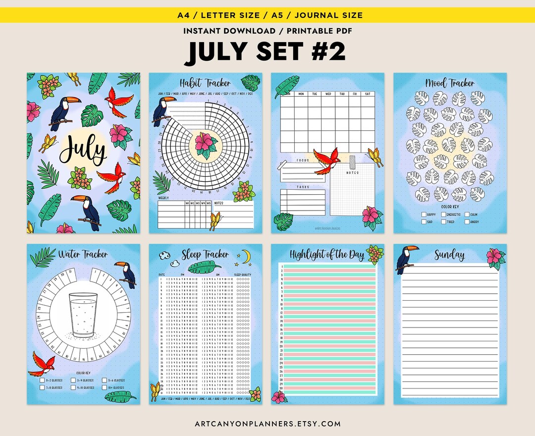 July Title Page Calendar Cover Page Printable Inserts Bullet Journal ...