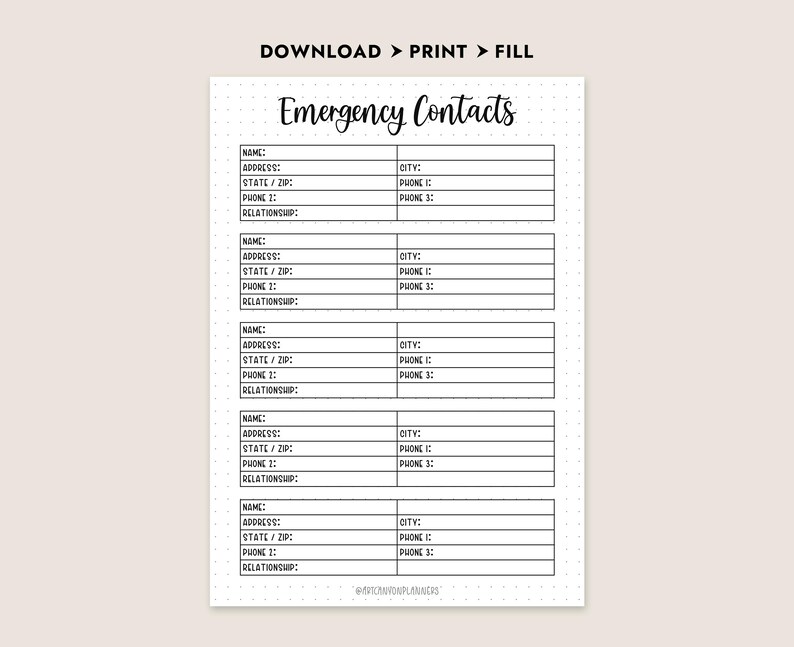 Printable Emergency Contacts List Important Information Sheet Digital ...
