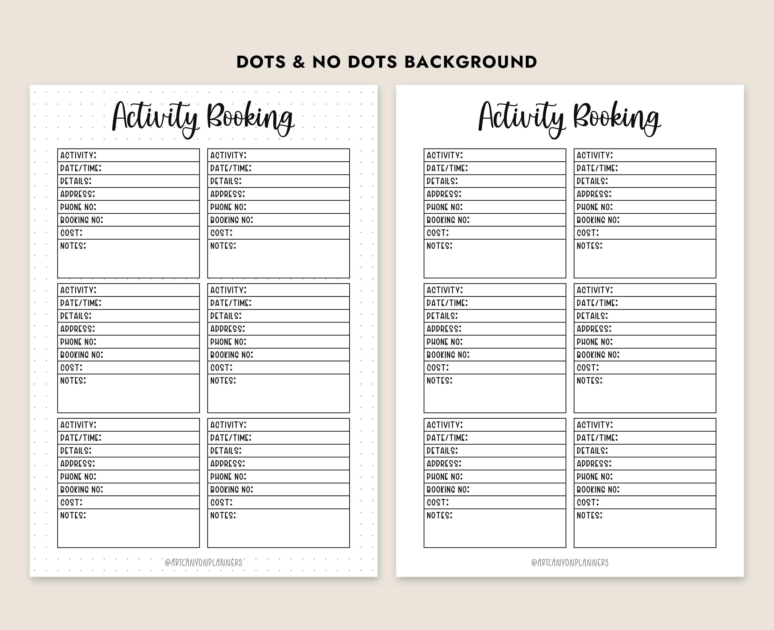 Printable Activity Booking Log Tour Reservation Tracker Travel Planner ...