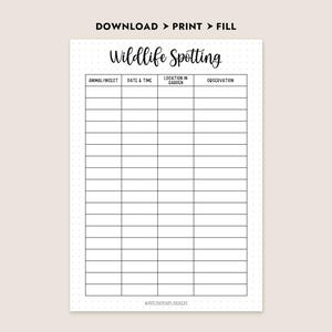 Wildlife Spotting Printable Log Kids Nature Journal Garden Bird ...