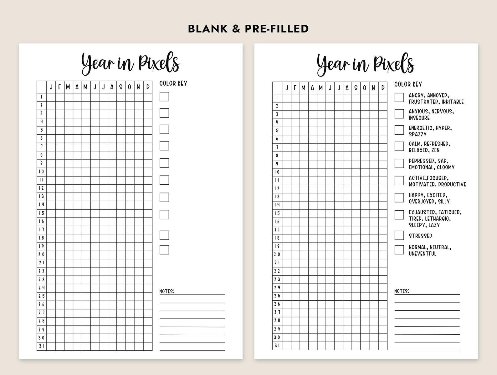 Year in Pixels Planner Page Printable Journal Page Daily Mod Tracker ...