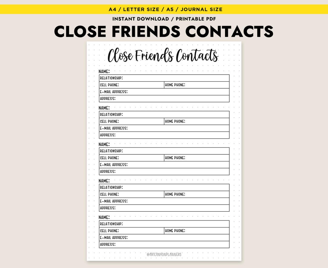 Close Friends Contacts Printable Planner Insert Address Book Page ...