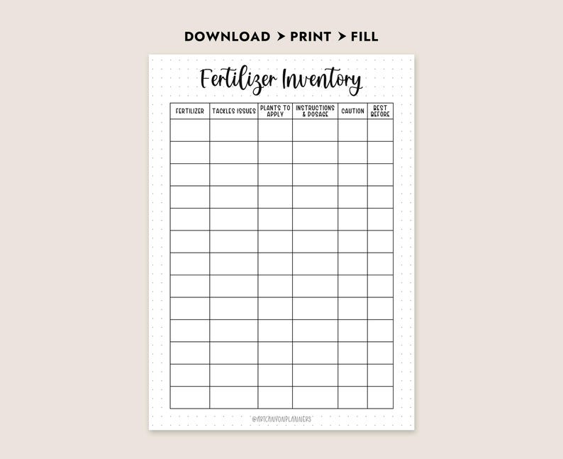 Fertilizer Inventory Printable Garden Planner Plant Food Log A4 A5 ...
