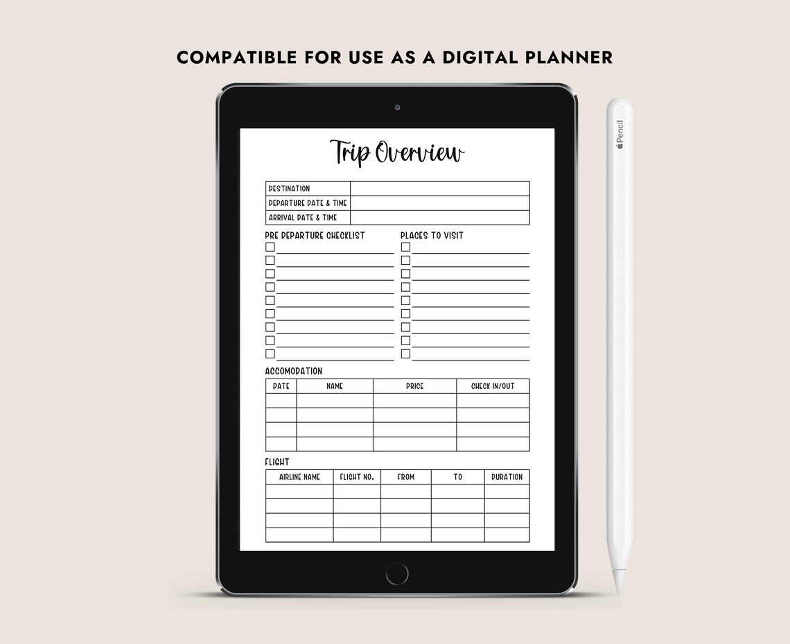 Printable Trip Overview Travel Planner Summary Sheet Instant Download ...