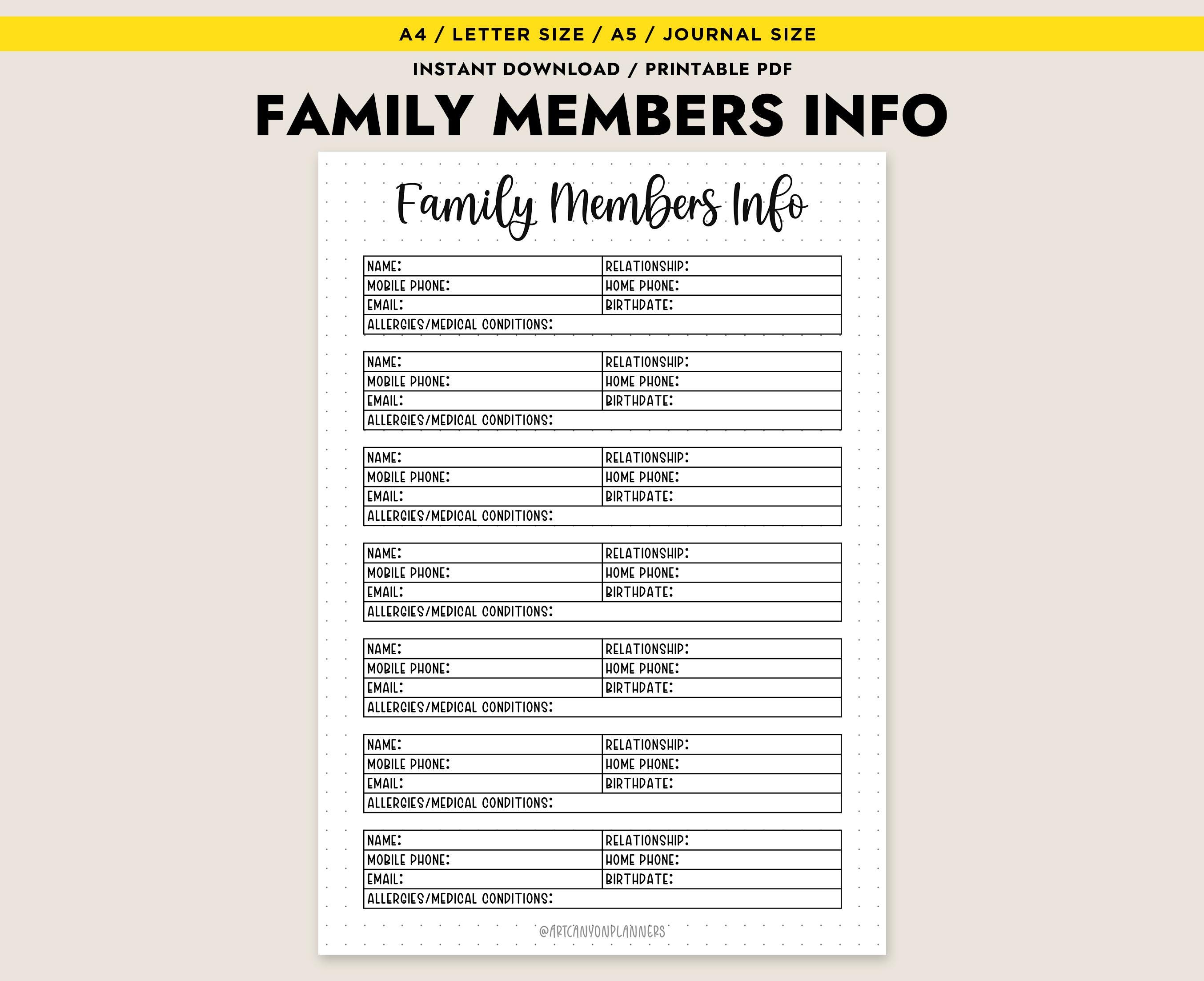 Family Members Info Printable Planner Insert Contact List PDF A4 A5 ...