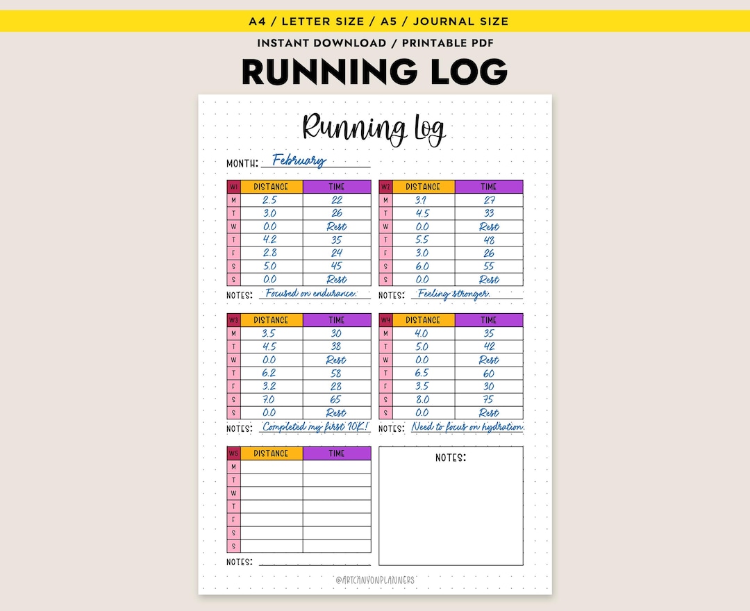 Printable Running Log Template Tracker Workout Exercises Digital ...