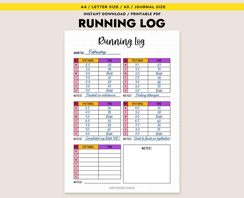 Printable Running Log Template Tracker Workout Exercises Digital Printable Monthly Planner ...